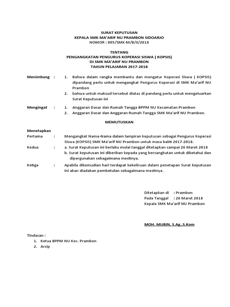 Surat Keputusan Pengurus Koperasi | PDF