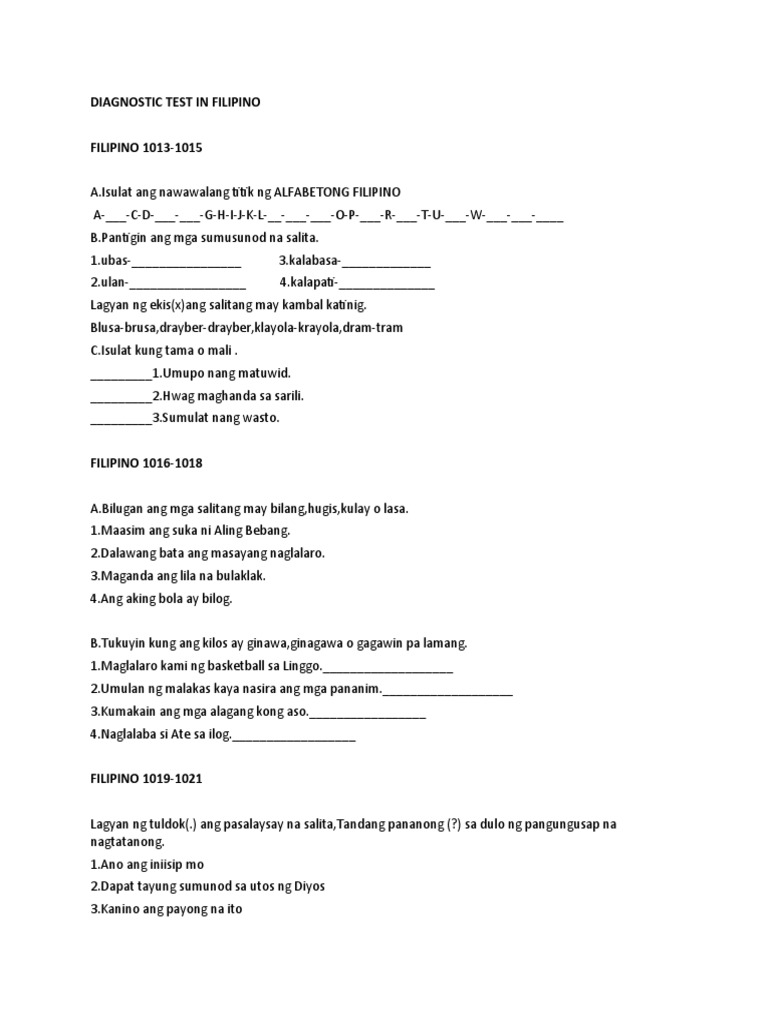 Diagnostic Test in Filipino | PDF