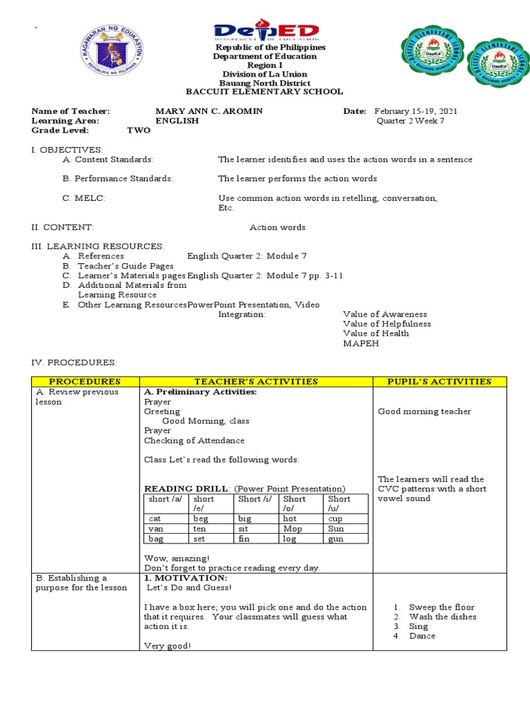 Name of Teacher: Date: Learning Area: Grade Level | PDF | Pandemic ...