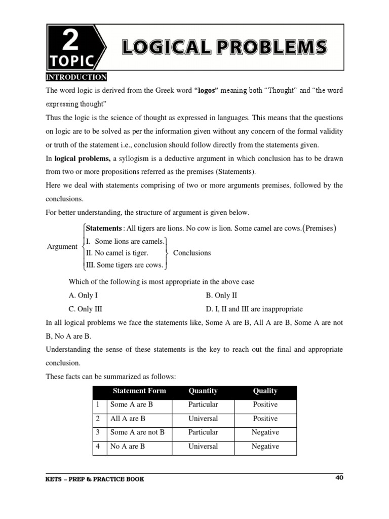 PMC Topic-2 Logical Problems: Statements | PDF | Argument | Logical ...