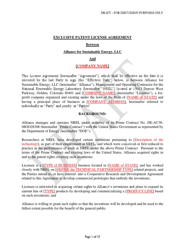 Exclusive Patent License Agreement Between Alliance For Sustainable ...
