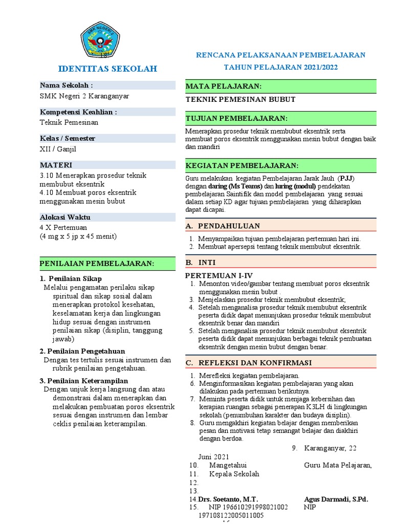 1 RPP PJJ 1 TP BUBUT Kelas XII 2021 2022 - Eksentrik | PDF