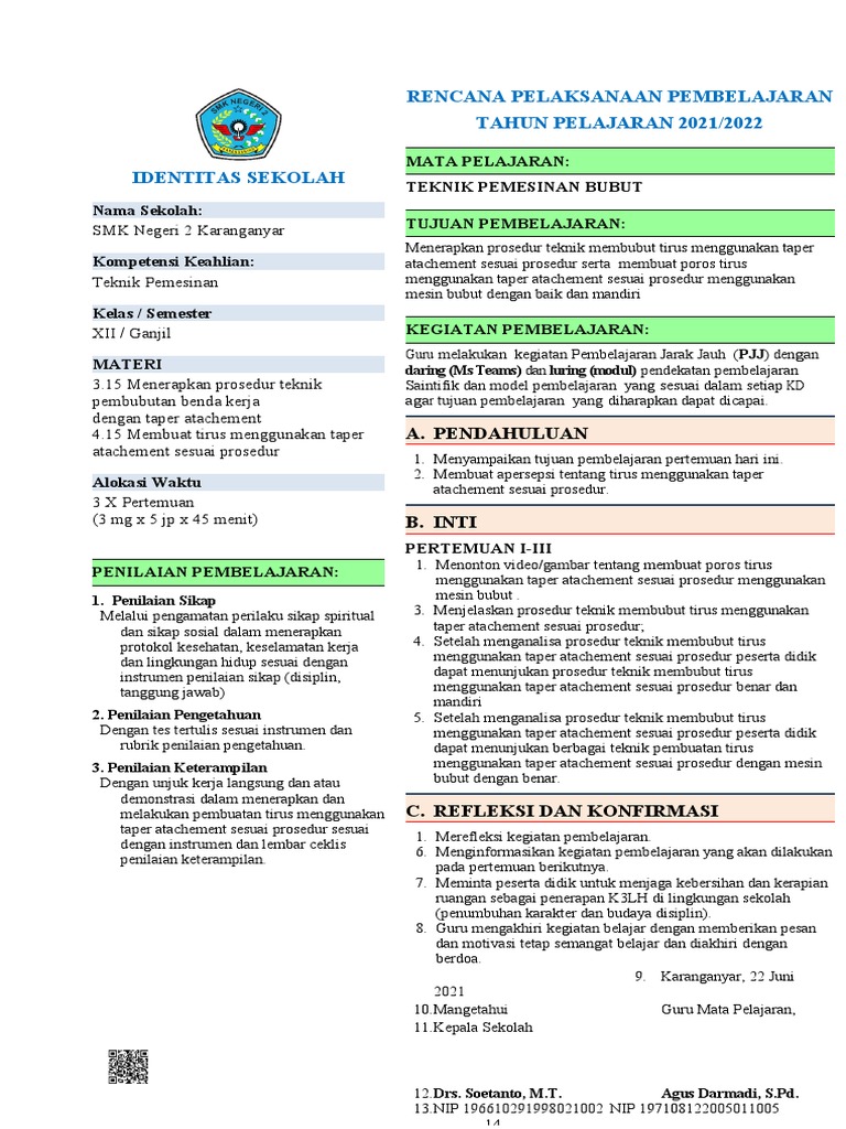 5 RPP PJJ 1 TP BUBUT Kelas XII 2021 2022 - Tirus | PDF