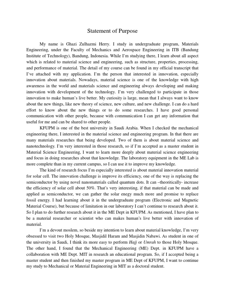 Statement of Purpose - Example | PDF | Science | Engineering