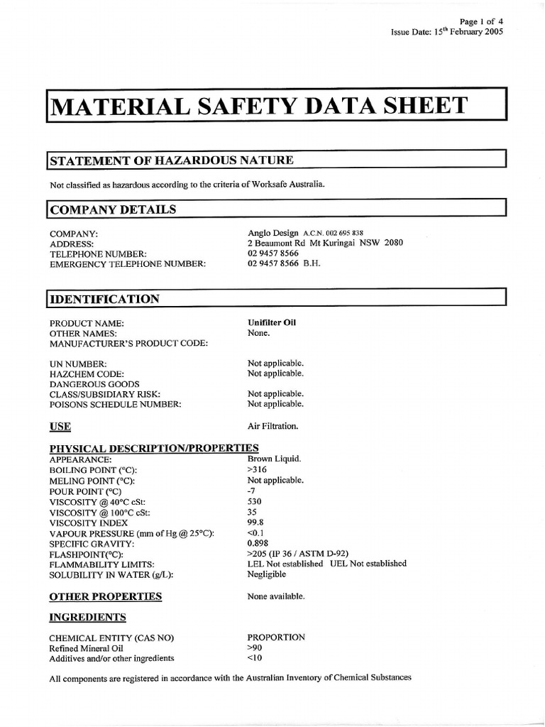 MSDS - Filter Fix Oil | PDF