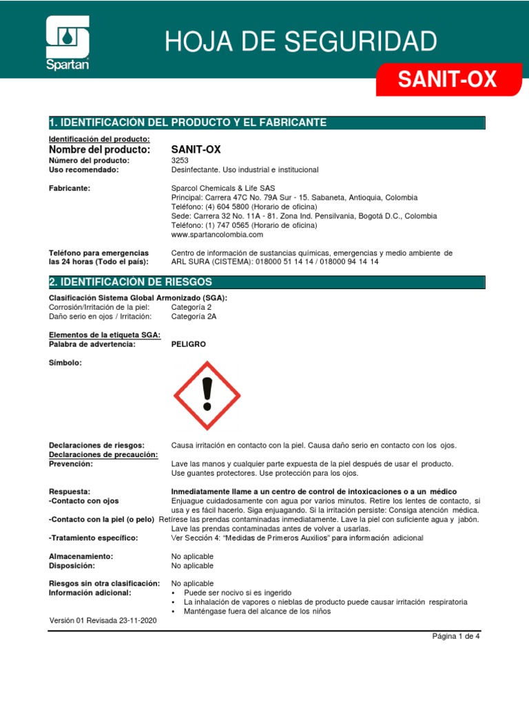 Sanit-Ox Hoja de Seguridad V1 | PDF | Agua | Toxicidad