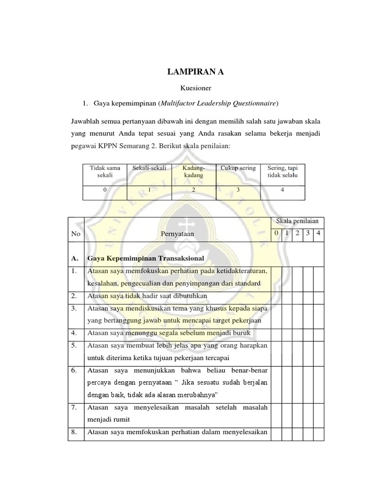 LAMPIRAN A. Kuesioner. 1. Gaya Kepemimpinan (Multifactor Leadership ... LAMPIRAN A. Kuesioner. 1. Gaya Kepemimpinan (Multifactor Leadership ...