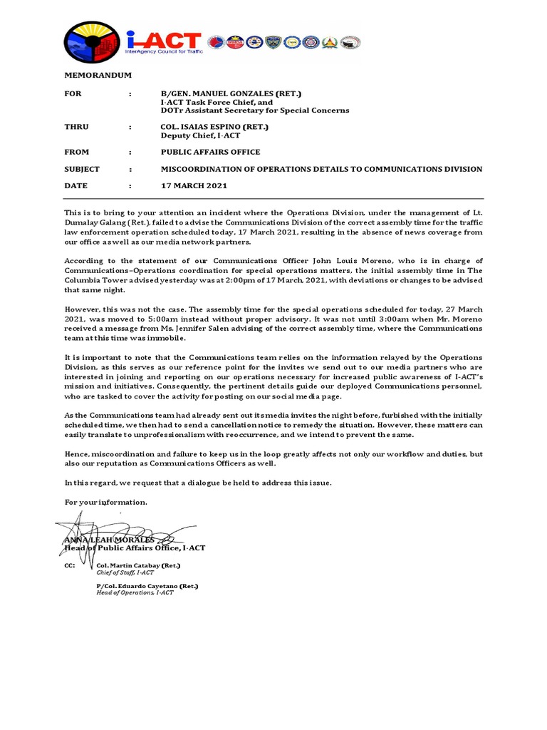 Memorandum - Miscoordination of Operations Details To Communications ...