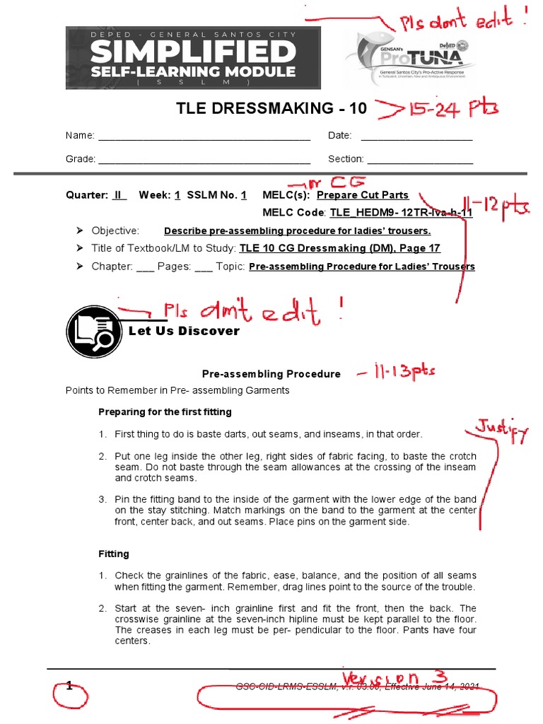 Sample SSLM Template For Your Reference Only | PDF | Seam (Sewing) | Sewing
