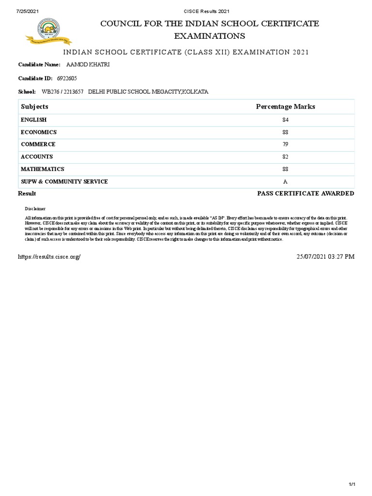 Aamod Khatri 12 Isc Mark Sheet | PDF