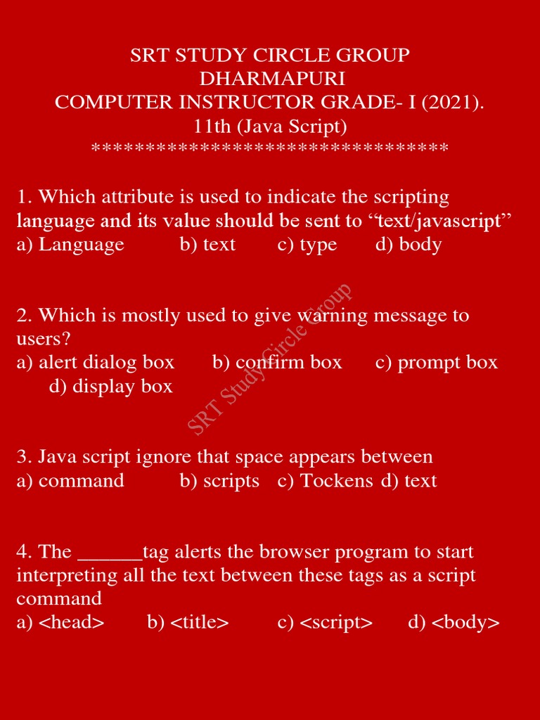 Java Script PG TRB Computer Instructor 2021 SRT STUDY CIRCLE GROUP | PDF | Java Script ...