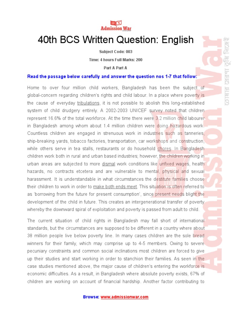 Admissionwar 40th Bcs English | PDF | Child Labour | Poverty