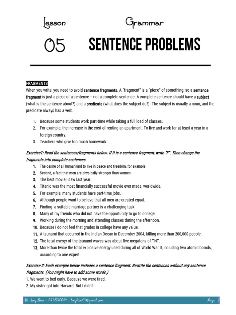 Sentence Problems: Lëssøñ Gråmmår | PDF | Object (Grammar) | Subject ...