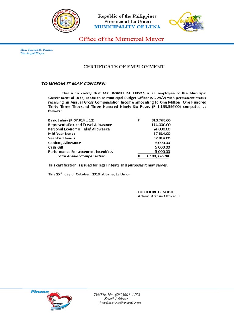 Mayor Salary Certification - Luna, La Union | PDF
