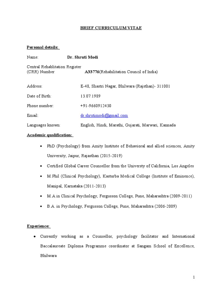 Brief CV Shruti Modi | PDF | Clinical Psychology | Psychology