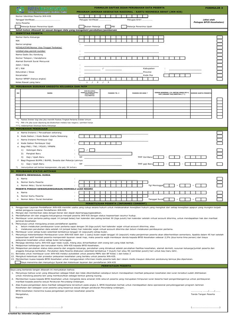 Formulir Daftar Isian Perubahan Data Peserta Format PDF | PDF