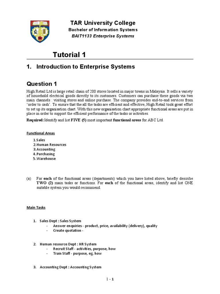 Tutorial 1 - Introduction To Enterprise Systems (For Students) | PDF ...