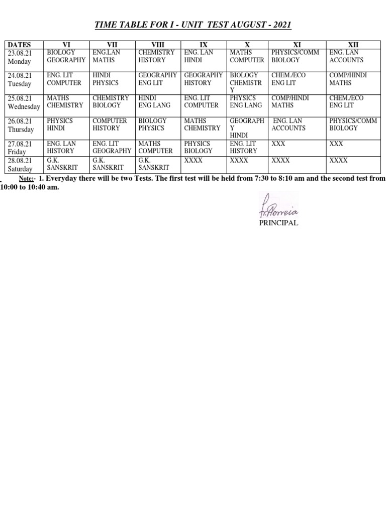 I Unit Test Timetable Junior & Senior Aug 2021 | PDF