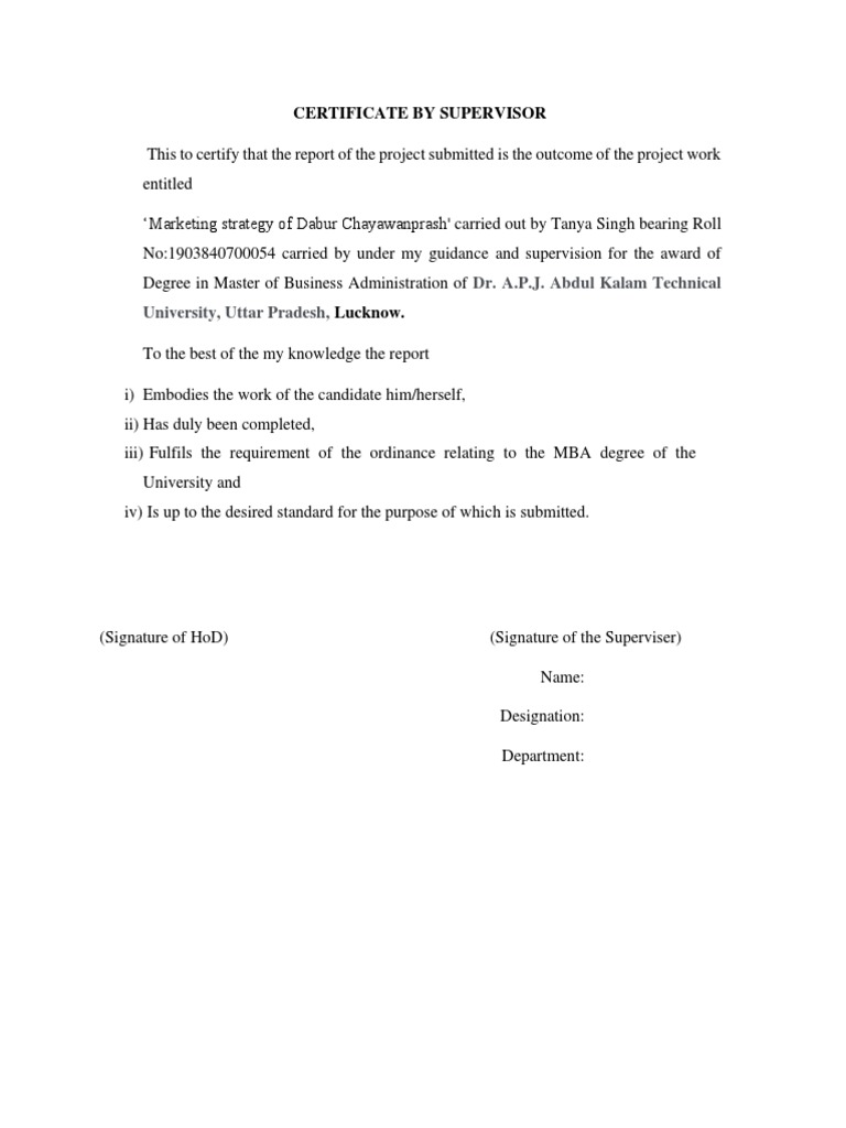 Dr. A.P.J. Abdul Kalam Technical University, Uttar Pradesh,: Certificate by Supervisor | PDF