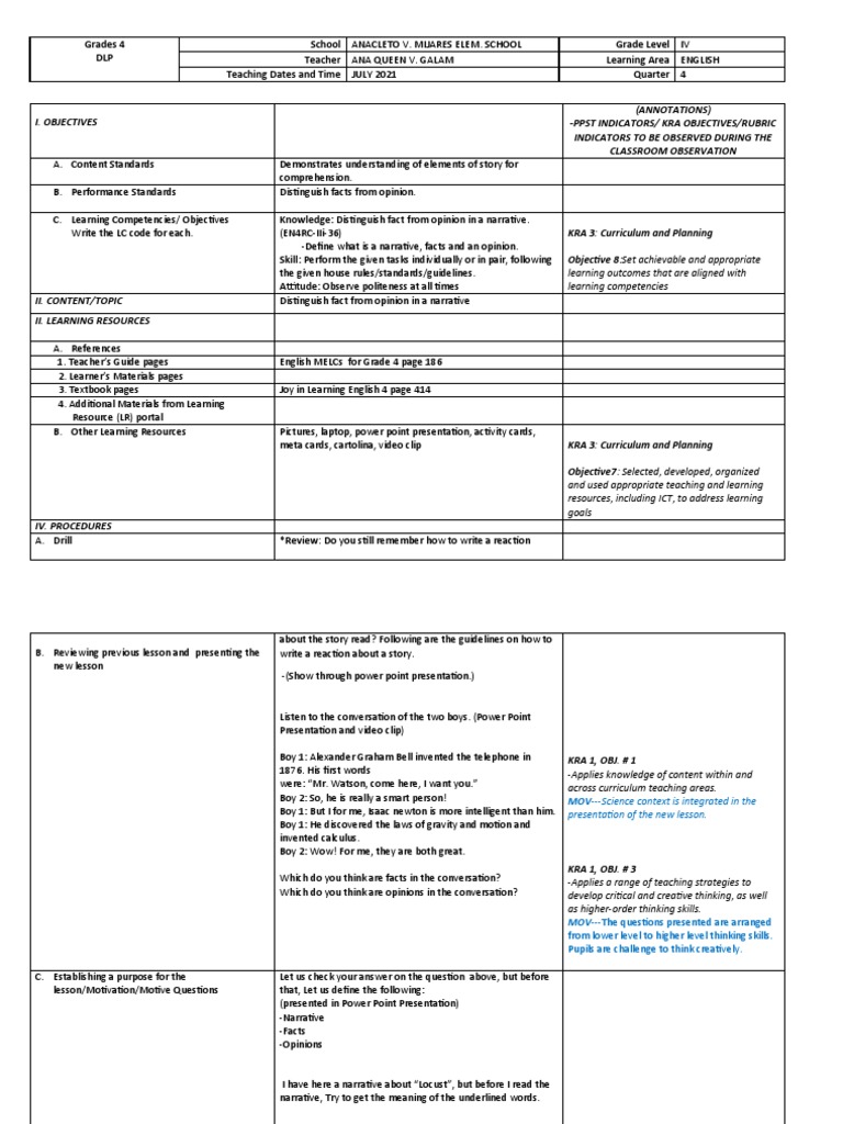 Fact and Opinion Lesson Plan for Grade 4 | PDF | Educational Assessment ...