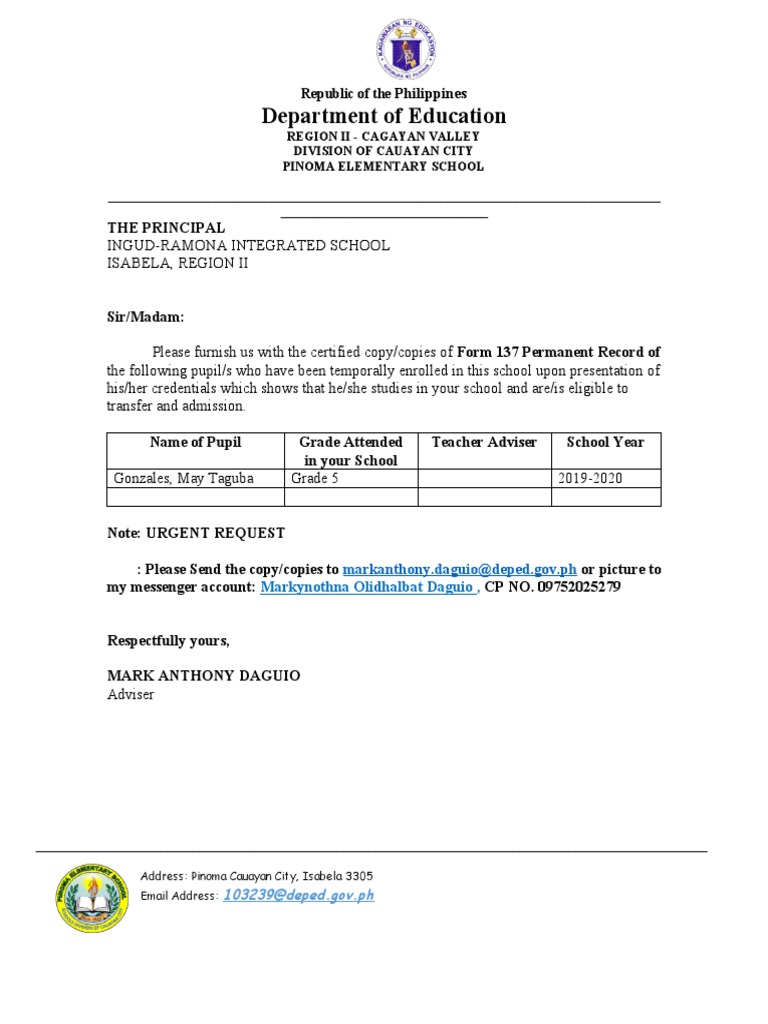 Request Letter Form 137 New | PDF