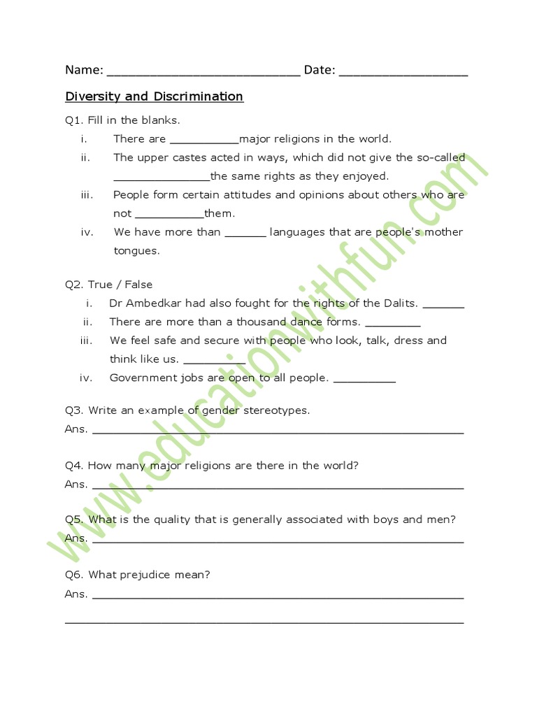 Diversity and Discrimination Worksheet 1 | Download Free PDF | Dalit ...