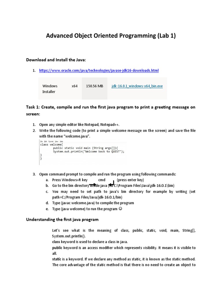 Advanced Object Oriented Programming (Lab 1) : Download and Install The Java | Download Free PDF ...