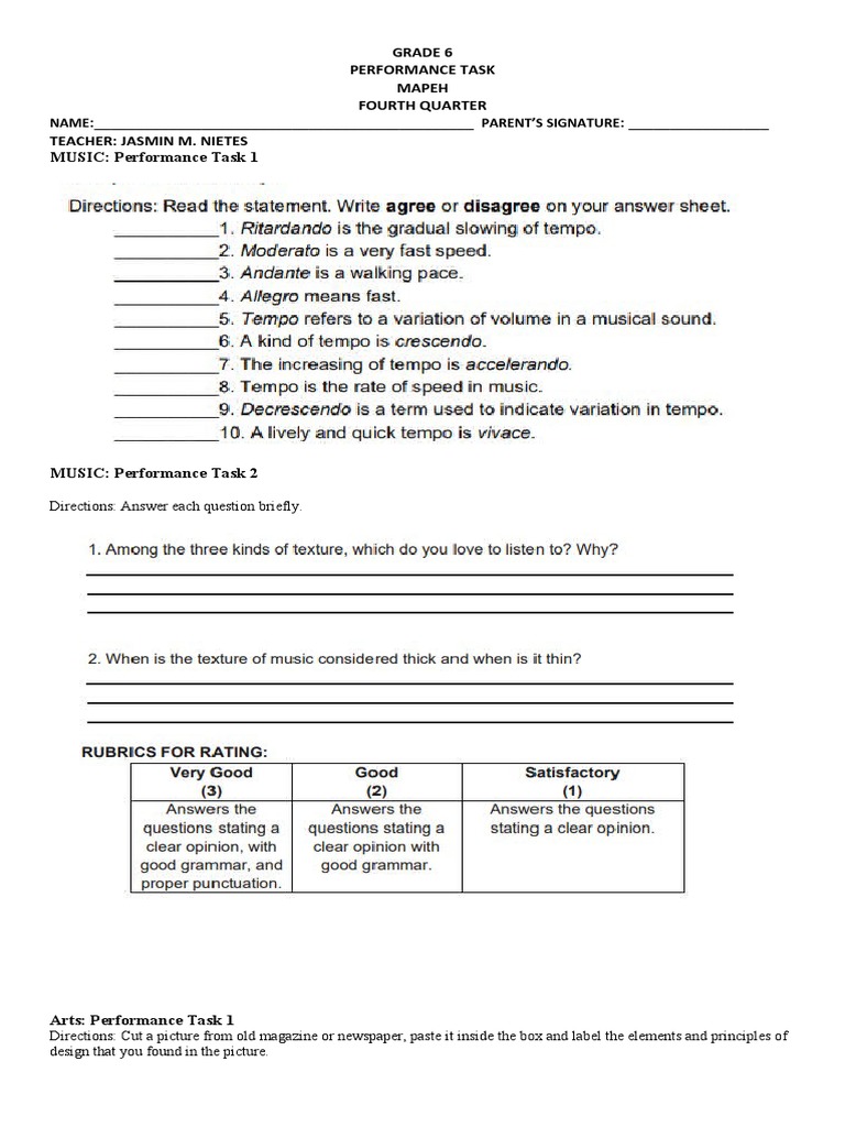 Grade 6 Performance Task Mapeh Fourth Quarter: - : - Teacher: Jasmin M ...