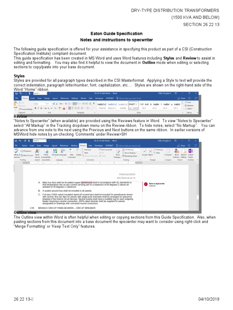 Eaton Guide Specification Notes and Instructions To Specwriter | PDF ...