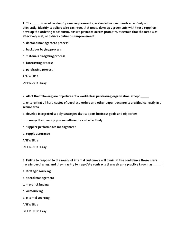 Test Bank Procurement | Download Free PDF | Procurement | Supply Chain