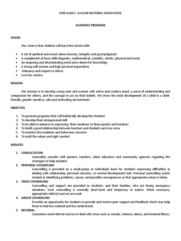 Guidance Program Draft | PDF | Self Concept | Psychotherapy