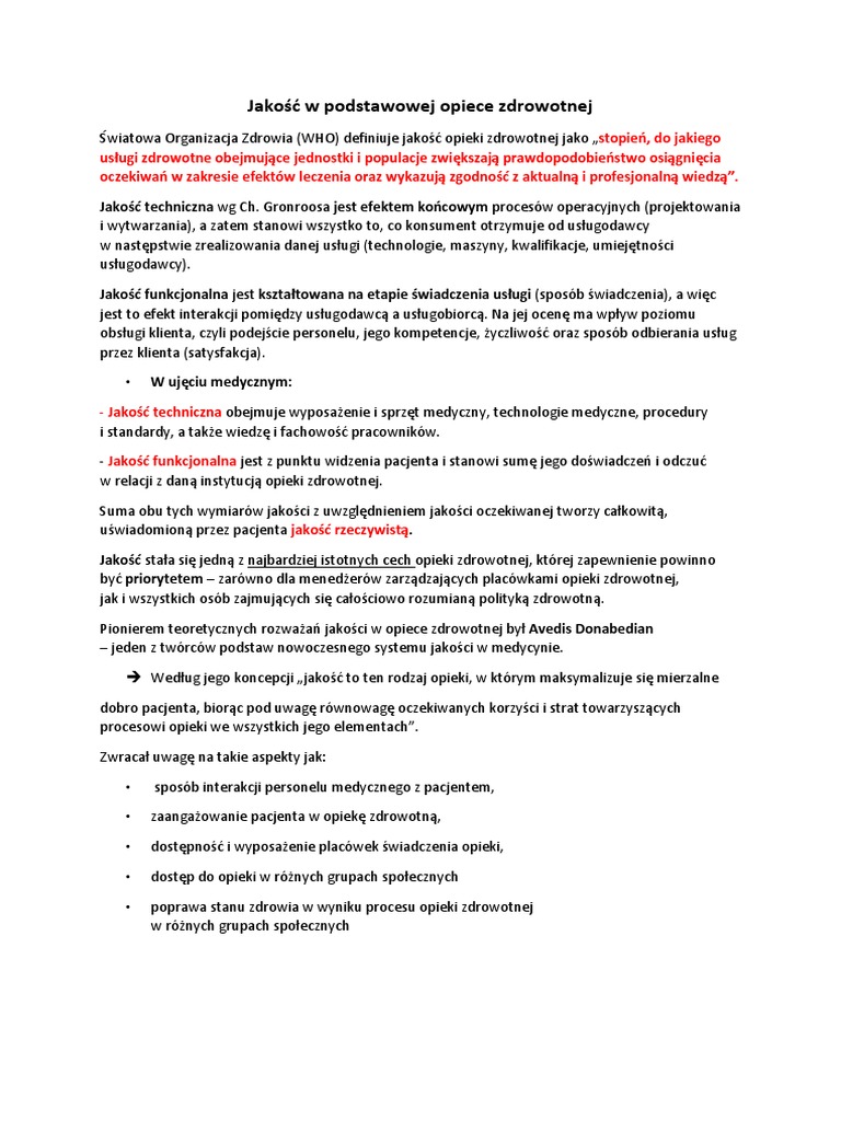 Jakość W Podstawowej Opiece Zdrowotnej | PDF