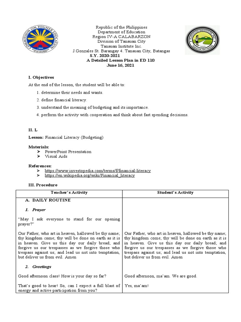 Financial Literacy Lesson Plan: Budgeting | PDF | Lord's Prayer | Budget