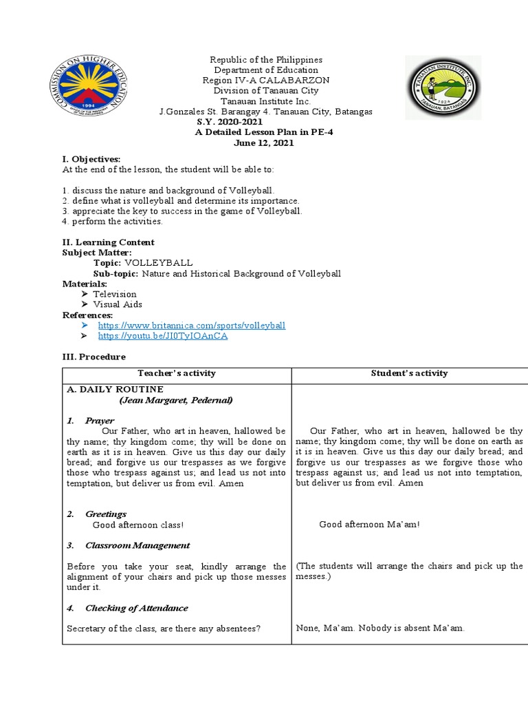 Lesson Plan in Volleyball | PDF | Volleyball