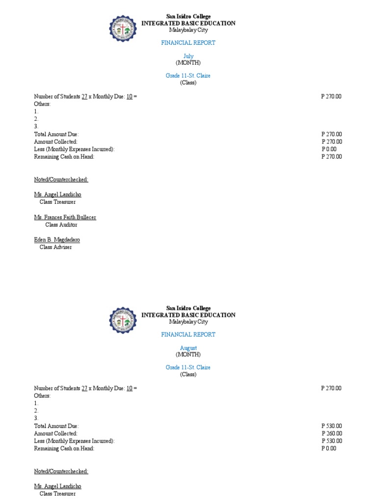 Financial Report July: San Isidro College Integrated Basic Education ...