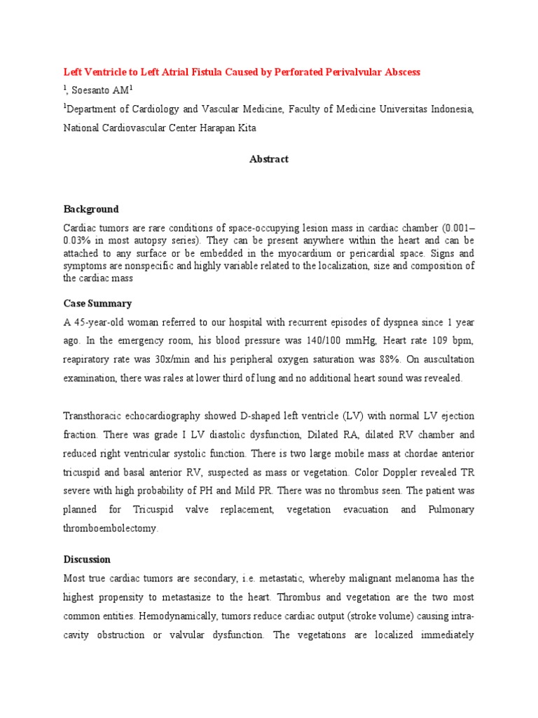 Left Ventricle To Left Atrial Fistula Caused by Perforated Perivalvular ...