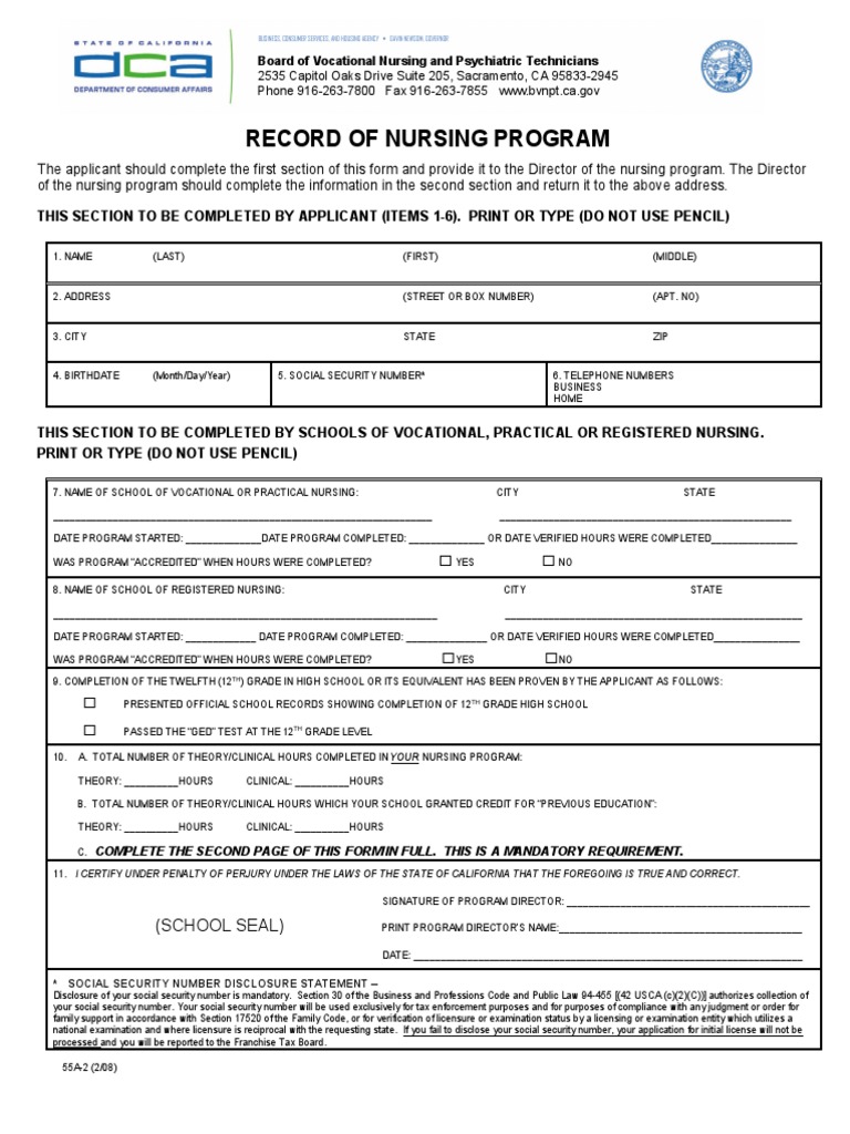 Record of Nursing Program Completion: Form from the California Board of ...