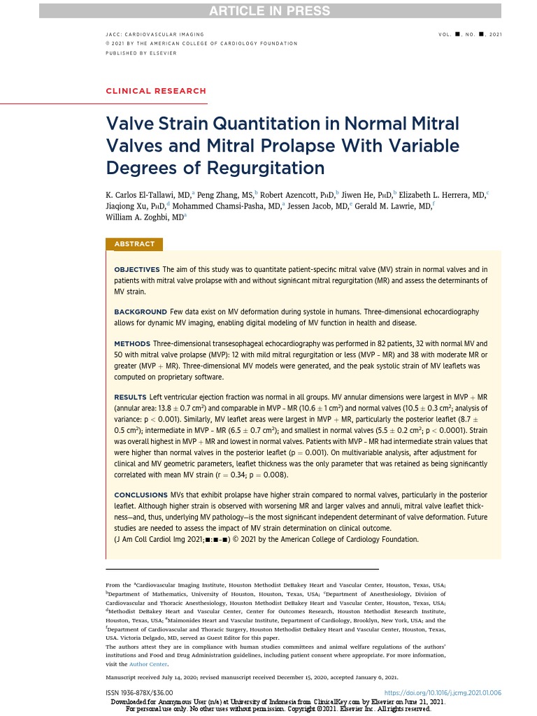 Valve Strain Quantitation in Normal Mitral Valves and Mitral Prolapse ...