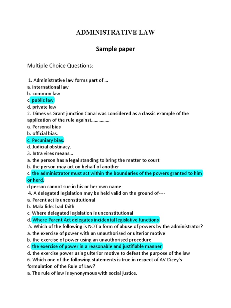 Administrative Law Sample Paper: Multiple Choice Questions | PDF | Writ ...