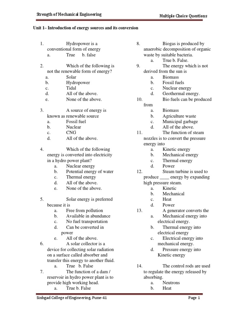 Unit 1 - Introduction of Energy Sources and Its Conversion: Strength of ...