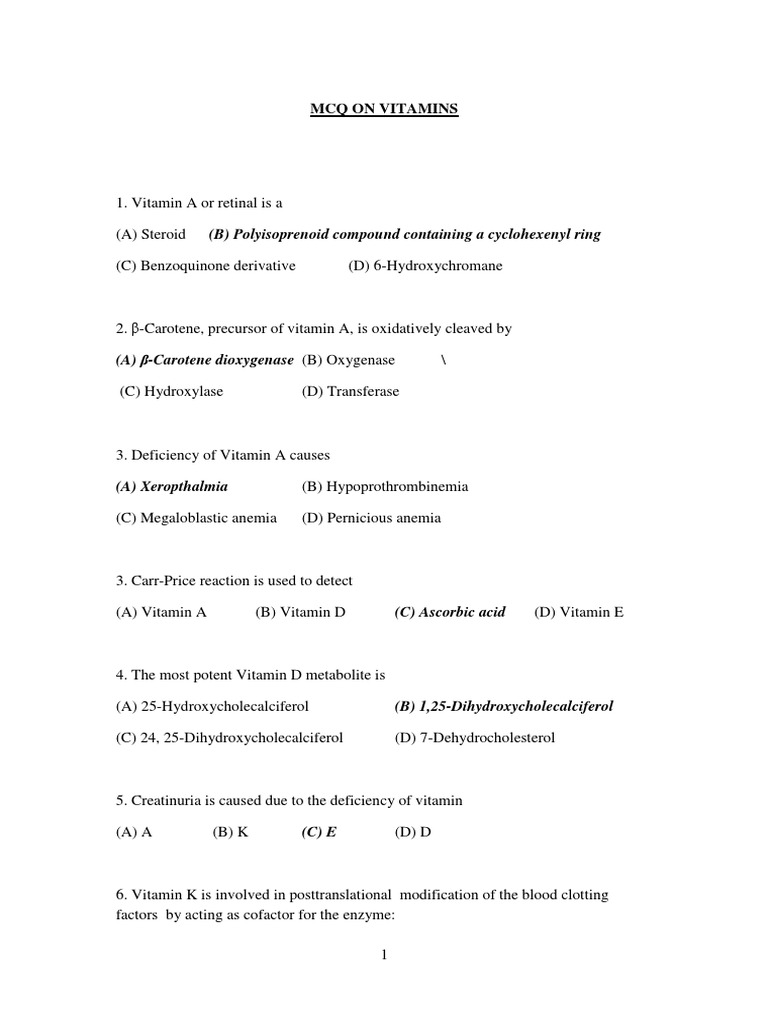MCQ On Vitamins | PDF | Vitamin | Cofactor (Biochemistry)