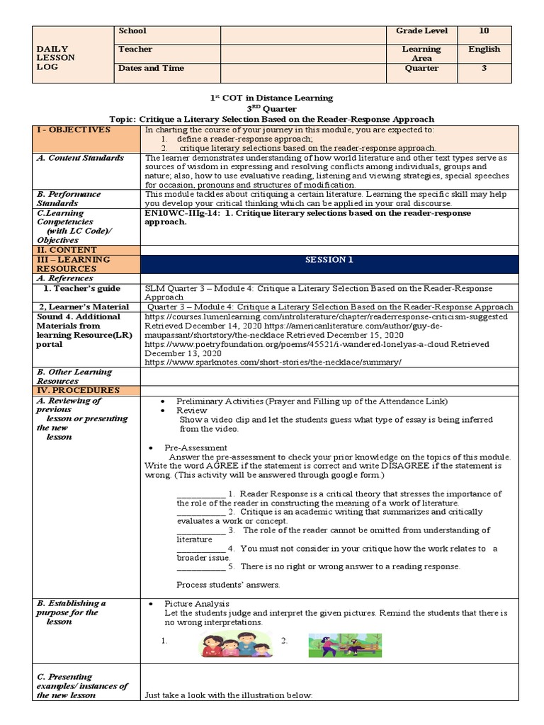 Reader-Response Critique Lesson Plan | PDF | Learning | Reading ...