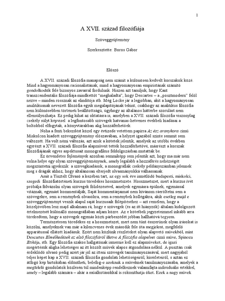 A 17-18dik Századi Filozófia Antológiája (Boros Gábor Szerk.) | PDF