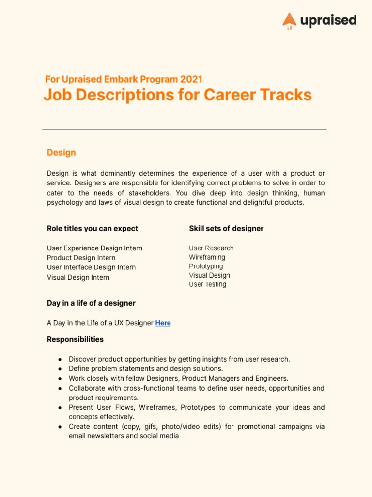 Job Descriptions For Career Tracks: For Upraised Embark Program 2021 | PDF