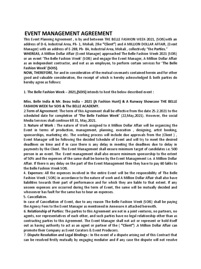 Event Management Agreement 1 | PDF | Indemnity | Justice