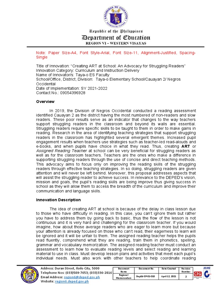 Sample Innovation Project | PDF | Phonics | Reading Comprehension