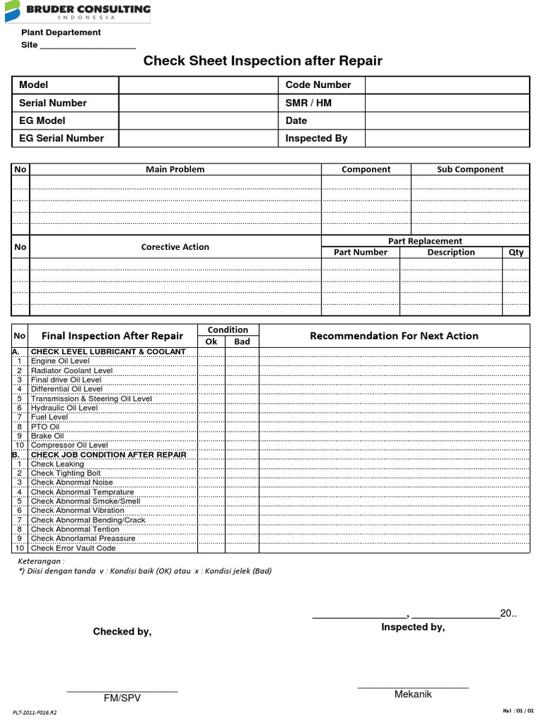 PLT-2011-F016-Check Sheet Inspection After Repair (Pre Rellease) | PDF ...