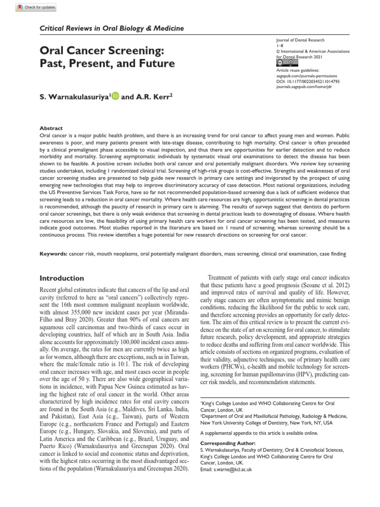 Oral Cancer Screening - Past, Present, and Future | PDF | Screening ...