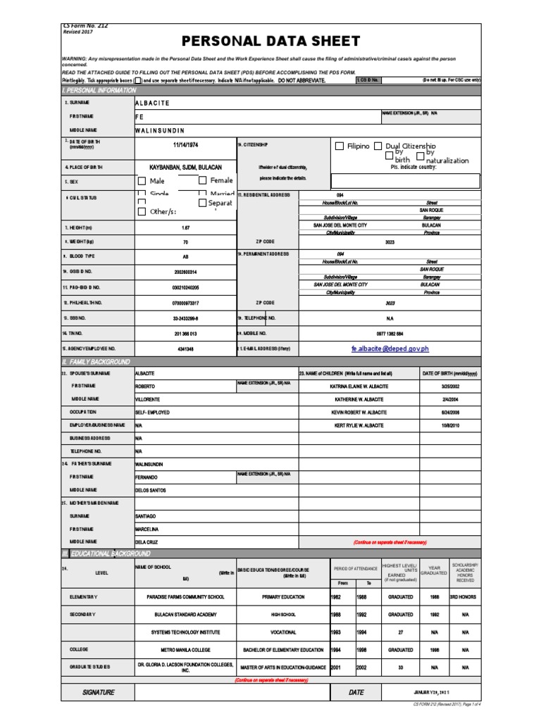 Personal Data Sheet: Filipino Dual Citizenship by Birth by ...