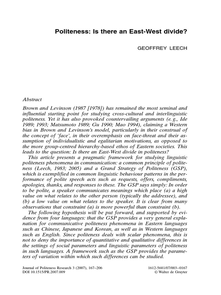Politeness: Is There An East-West Divide?: Geoffrey Leech | PDF ...